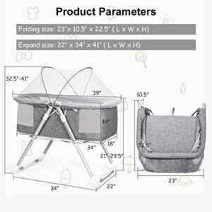 INFANS 2 in 1 Rocking Bassinet for Newborn Baby, One-Second Fold Travel Crib with Detachable & Thicken Mattress, Height Adjustable Legs, Mosquito Net, Cradle with Rock Mode & Stationary (Gray)