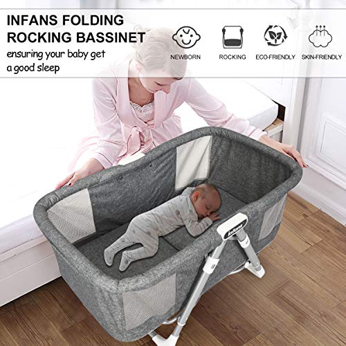 INFANS 2 in 1 Rocking Bassinet for Newborn Baby, One-Second Fold Travel Crib with Detachable & Thicken Mattress, Height Adjustable Legs, Mosquito Net, Cradle with Rock Mode & Stationary (Gray)