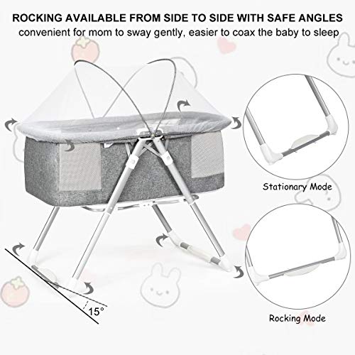 INFANS 2 in 1 Rocking Bassinet for Newborn Baby, One-Second Fold Travel Crib with Detachable & Thicken Mattress, Height Adjustable Legs, Mosquito Net, Cradle with Rock Mode & Stationary (Gray)