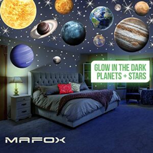 mafox glow in the dark planets, bright solar system wall stickers -sun earth mars and so on,9 glowing ceiling decals for bedroom living room,shining space decoration for kids for girls and boys