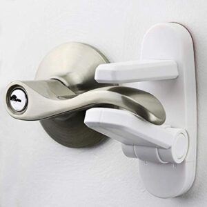 improved childproof door lever lock (2 pack) prevents toddlers from opening doors. easy one hand operation for adults. durable abs with 3m adhesive backing. simple install, no tools needed (white, 2)