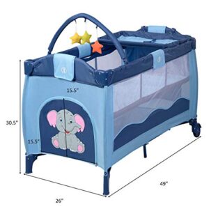 BABY JOY 3 in 1 Pack and Play, Portable Playard with Hanging Toys, 2 Lockable Wheels Diaper Changing Table, Foldable Travel Bassinet Bed (Blue)