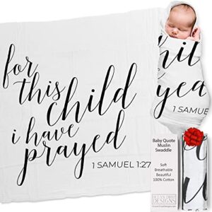 ocean drop 100% cotton muslin swaddle baby blanket – ‘i have prayed’ quote with gift box for baptism, christening gift, godson, goddaughter, baby shower – super soft, breathable, large 47x47”