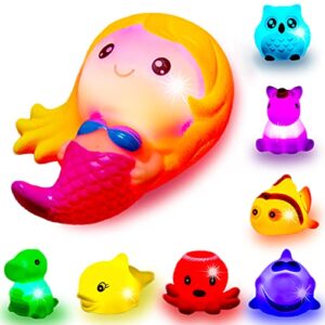 bath toys for toddlers baby 8 pack light up toys - bathtub toy flashing colourful led light shower bathtime for kids infants shark, clown fish, owl, unicorn, octopus, dolphin, dinosaur mermaid