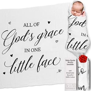 ocean drop 100% cotton muslin swaddle baby blanket - god’s grace’ quote with gift box for baptism, christening gift, godson, goddaughter, neutral, baby shower – super soft, breathable, large 47x47”