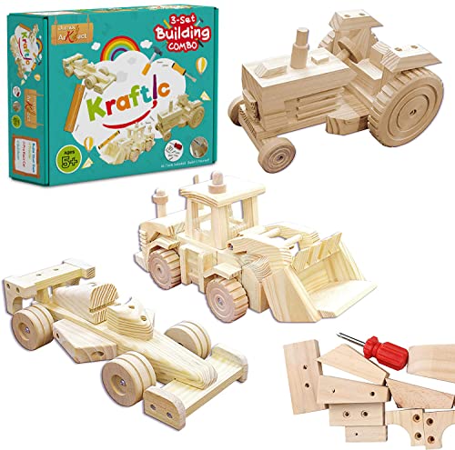 Kraftic Woodworking Building Kit for Kids, with 3 Educational DIY Carpentry Construction Wood Model Kit Toy Projects for Boys and Girls- Tractor, Bulldozer and Racing Car