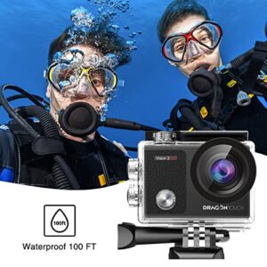 Dragon Touch 4K Underwater HD Action Camera, Vision 3 Pro Touch Screen 20MP 100FT Waterproof Video Camera Adjustable View Angle WiFi Sports Camcorder with Remote Control Helmet Accessories