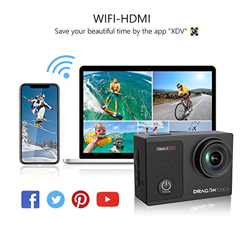 Dragon Touch 4K Underwater HD Action Camera, Vision 3 Pro Touch Screen 20MP 100FT Waterproof Video Camera Adjustable View Angle WiFi Sports Camcorder with Remote Control Helmet Accessories