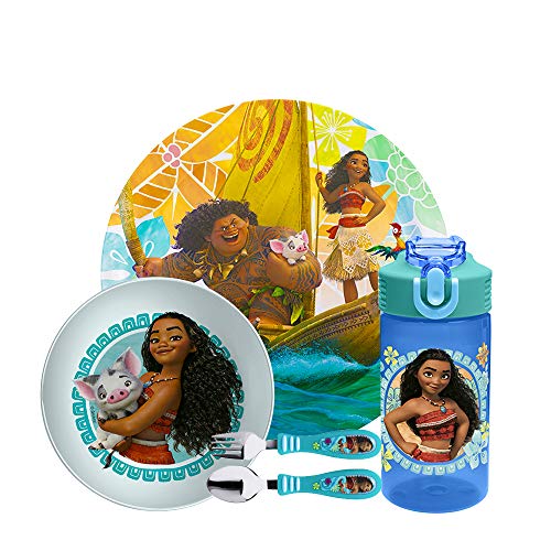 Zak Designs Moana Dinnerware Set Includes Plate, Bowl, Water Bottle, and Utensil Tableware, Made of Durable Material and Perfect for Kids (Moana and Maui, 5 Piece Set, BPA Free)