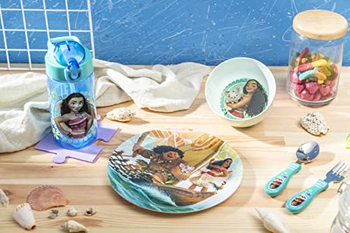 Zak Designs Moana Dinnerware Set Includes Plate, Bowl, Water Bottle, and Utensil Tableware, Made of Durable Material and Perfect for Kids (Moana and Maui, 5 Piece Set, BPA Free)