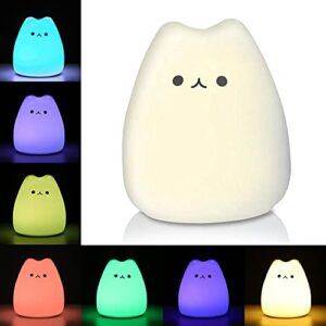 litake led cat night light, battery powered silicone cute cat nursery lights with warm white and 7-color breathing modes for kids baby children (mini celebrity cat)