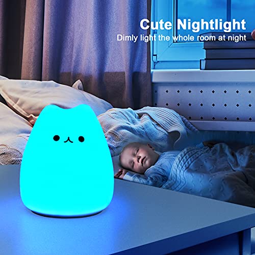 Litake LED Cat Night Light, Battery Powered Silicone Cute Cat Nursery Lights with Warm White and 7-Color Breathing Modes for Kids Baby Children (Mini Celebrity Cat)