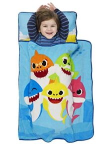 baby shark toddler nap-mat - includes pillow and fleece blanket – great for boys and girls napping at daycare, preschool, or kindergarten - fits sleeping toddlers and young children