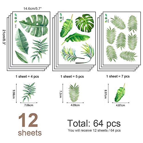 Leaf Wall Decals, H2MTOOL 64 PCS Removable Tropical Plants Tree Leaves Stickers for Kids Nursery Room Decor