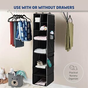 9 Shelf Hanging Closet Organizer with 5 Drawer Organizers, Baby Nursery Closet, Diaper Caddy Organizer, Slotted Storage Baskets, Hanging Drawers, Dorm Room Closet with Foldable Cube Storage Bins