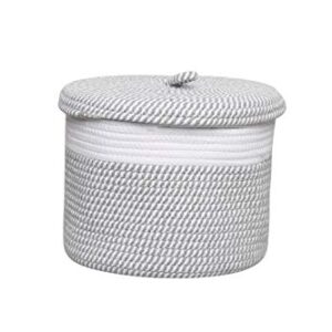 S Size Grey Cotton Rope Basket with Lid Mini Woven Basket Cute Toy Storage Basket Towel Storage Little Organizer Woven Basket Living Room Nursery Storage Basket Small Grey Woven Basket for Storage