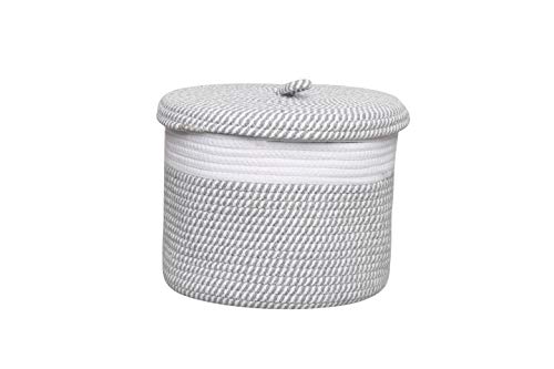 S Size Grey Cotton Rope Basket with Lid Mini Woven Basket Cute Toy Storage Basket Towel Storage Little Organizer Woven Basket Living Room Nursery Storage Basket Small Grey Woven Basket for Storage