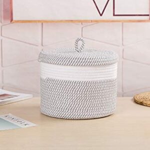 S Size Grey Cotton Rope Basket with Lid Mini Woven Basket Cute Toy Storage Basket Towel Storage Little Organizer Woven Basket Living Room Nursery Storage Basket Small Grey Woven Basket for Storage