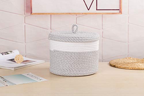 S Size Grey Cotton Rope Basket with Lid Mini Woven Basket Cute Toy Storage Basket Towel Storage Little Organizer Woven Basket Living Room Nursery Storage Basket Small Grey Woven Basket for Storage