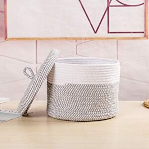 S Size Grey Cotton Rope Basket with Lid Mini Woven Basket Cute Toy Storage Basket Towel Storage Little Organizer Woven Basket Living Room Nursery Storage Basket Small Grey Woven Basket for Storage