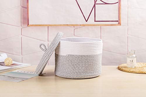 S Size Grey Cotton Rope Basket with Lid Mini Woven Basket Cute Toy Storage Basket Towel Storage Little Organizer Woven Basket Living Room Nursery Storage Basket Small Grey Woven Basket for Storage