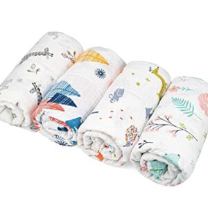 Kingrol 4 Pack Baby Muslin Swaddle Blankets, Soft Unisex Swaddle Wrap for Boys and Girls, Large Neutral Receiving Blanket for Newborn Infant, Bear/Fox/Elk/Elephant