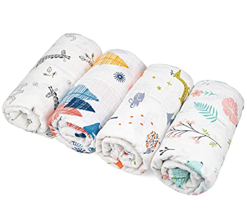 Kingrol 4 Pack Baby Muslin Swaddle Blankets, Soft Unisex Swaddle Wrap for Boys and Girls, Large Neutral Receiving Blanket for Newborn Infant, Bear/Fox/Elk/Elephant