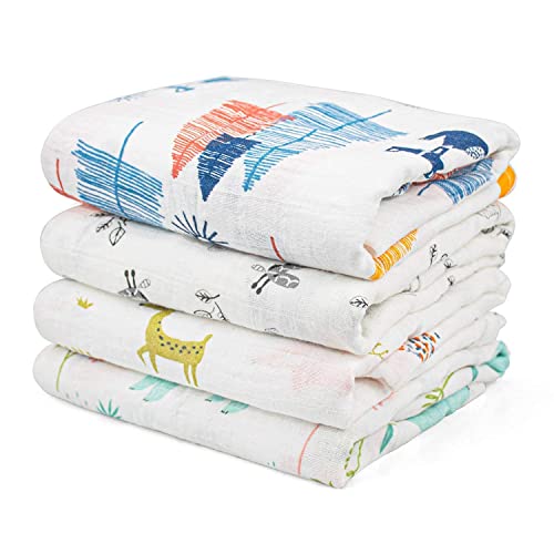 Kingrol 4 Pack Baby Muslin Swaddle Blankets, Soft Unisex Swaddle Wrap for Boys and Girls, Large Neutral Receiving Blanket for Newborn Infant, Bear/Fox/Elk/Elephant