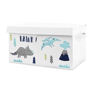 sweet jojo designs navy blue, turquoise and grey modern dino boy baby nursery or kids room small fabric toy bin storage box chest for mod dinosaur collection