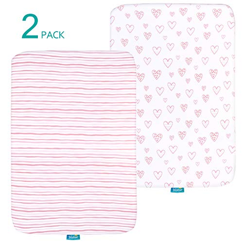 Pack n Play Playard Mattress Sheets 2 Pack, 100% Jersey Cotton Stretchy Portable Mini Crib Sheets or Playpen Sheets, Ultra Soft Breathable Pack n Play Mattress Cover for Baby