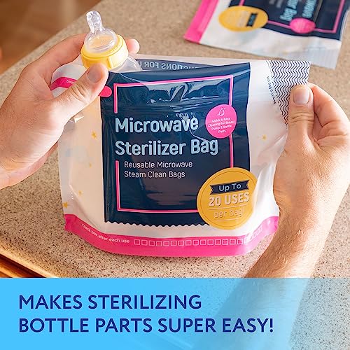 15 Pack Microwave Baby Bottle Sterilizer Bags - 300 Uses Per Pack - Travel Baby Bottle Cleaner Microwave Sterilizer Bag - Breast Feeding Baby Travel Accessories - Use with Soothers & Teethers