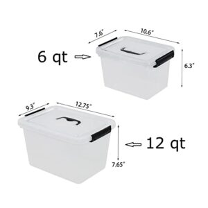 Yubine 2 Pack Clear Plastic Storage Box, Latching Bin with Lid and Handle (12 Quart &6 Quart)