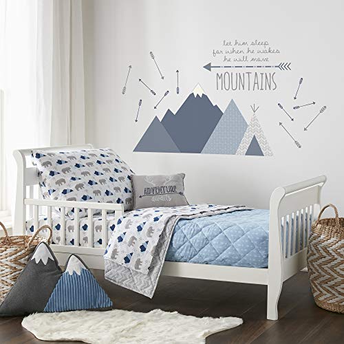 Levtex Baby Trail Mix 5PC Woodland - Animals - Blue, Grey, White - Toddler Set - Kids Bedding - Reversible Quilt, Fitted Sheet, Flat Sheet, Standard Pillow Case, Decorative Pillow