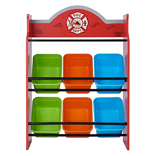 Fantasy Fields - Little Firefighters Wooden Toy Organizers with 6 Removable Storage Bins, Toy Storage Shelf, Red (TD-13211A)