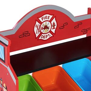 Fantasy Fields - Little Firefighters Wooden Toy Organizers with 6 Removable Storage Bins, Toy Storage Shelf, Red (TD-13211A)