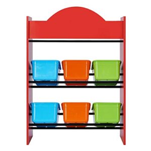 Fantasy Fields - Little Firefighters Wooden Toy Organizers with 6 Removable Storage Bins, Toy Storage Shelf, Red (TD-13211A)