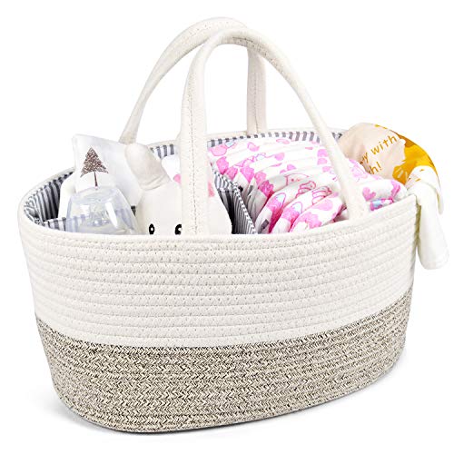 Baby Diaper Caddy Organizer - Changing Table Diaper Organizer, Portable Rope Nursery Storage Bin with Removable Insert, Baby Basket - Newborn Registry Must Haves (Brown)