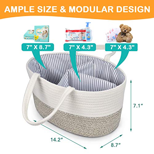 Baby Diaper Caddy Organizer - Changing Table Diaper Organizer, Portable Rope Nursery Storage Bin with Removable Insert, Baby Basket - Newborn Registry Must Haves (Brown)