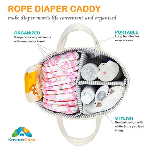 Baby Diaper Caddy Organizer - Changing Table Diaper Organizer, Portable Rope Nursery Storage Bin with Removable Insert, Baby Basket - Newborn Registry Must Haves (Brown)