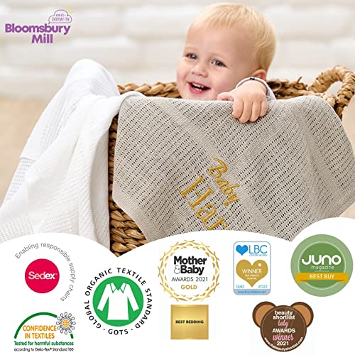 Bloomsbury Mill - 2-Pack 100% Organic Cotton Cellular Baby Blankets with Gifting Ribbon – Soft, All Natural & Breathable - Nursery/Stroller/Bassinet/Crib - Cream