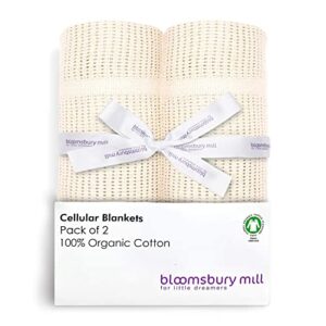 Bloomsbury Mill - 2-Pack 100% Organic Cotton Cellular Baby Blankets with Gifting Ribbon – Soft, All Natural & Breathable - Nursery/Stroller/Bassinet/Crib - Cream