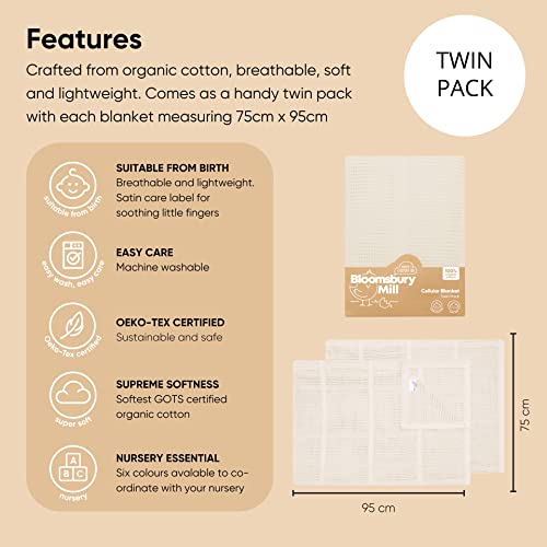 Bloomsbury Mill - 2-Pack 100% Organic Cotton Cellular Baby Blankets with Gifting Ribbon – Soft, All Natural & Breathable - Nursery/Stroller/Bassinet/Crib - Cream