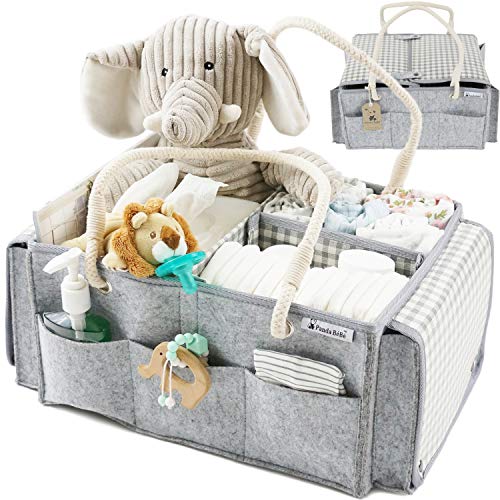 Panda BéBé Premium Travel Diaper Caddy Organizer Bag with Cotton Rope Handles, Portable and Lightweight Tote with Privacy Lids, Large Compartments, Spacious Pockets, Waterproof Base & Lining