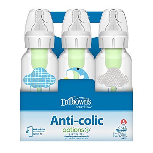 Dr. Brown’s Natural Flow® Anti-Colic Options+™ Narrow Baby Bottles 8 oz/250 mL, with Level 1 Slow Flow Nipple, 6 Pack, 0m+ Moon/Clouds Gift Set