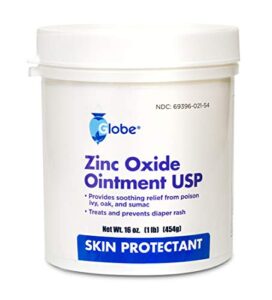 16 oz globe zinc oxide 20% skin protectant barrier ointment, treatment for diaper rash, relief from poison ivy, sumac & oak, protects from wetness, protects chafed skin