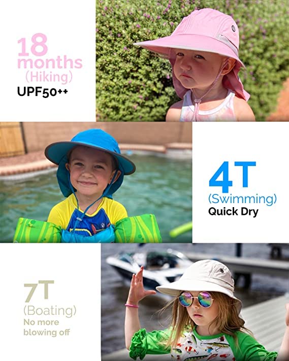 Camptrace Toddler Kids Sun Hats with Neck Flap UPF 50+ UV Protection Wide Rigid Brim Boys Girls Beach Swim Sunhat