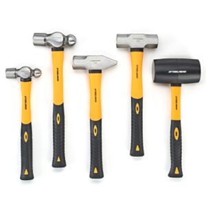 steelhead 5-piece fiberglass handle hammer & mallet set, 16oz ball-peen hammer, 32oz ball-pein hammer, 32oz rubber mallet, 3lb sledge hammer, 3lb cross-pain hammer, metal working, usa-based support