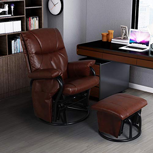 AODAILIHB Glider Chairs Rocking Chair with Ottoman 360° Swivel Chair PU Leather Upholstered Armchair Lounge Chair Sliding Chair Set (Brown)