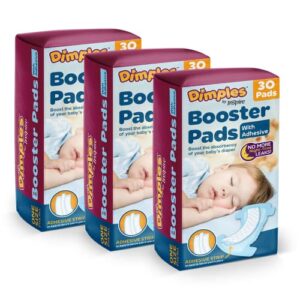 dimples booster pads, baby diaper doubler with adhesive - 1 size fits all diapers - boosts diaper absorbency - no more leaks 90 count (with adhesive for secure fit)