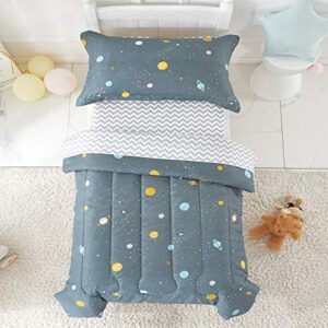 Boys Space Planet Toddler Bedding Set Gray-Green Includes Adorable Quilted Comforter, Fitted Sheet, Top Sheet, and Pillow Case for Boys Bed